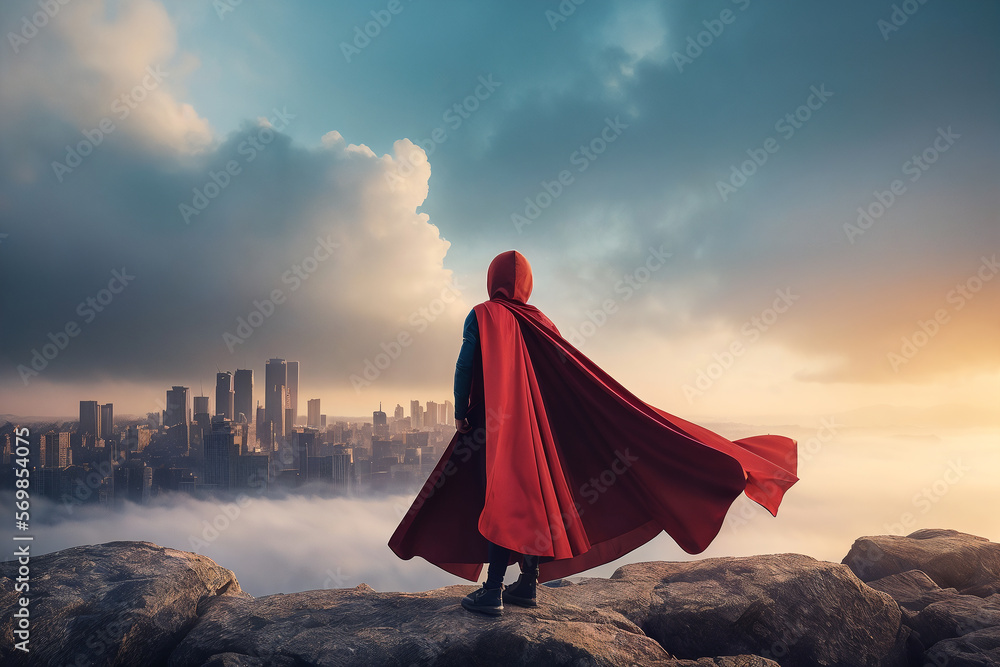 Child super hero in red cape in the city. Generative AI Stock ...