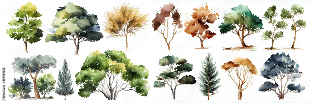 Watercolor trees collection. Set of hand drawn trees. Forest tree pack ...