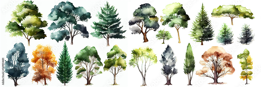 Watercolor trees collection. Set of hand drawn trees. Forest tree pack ...