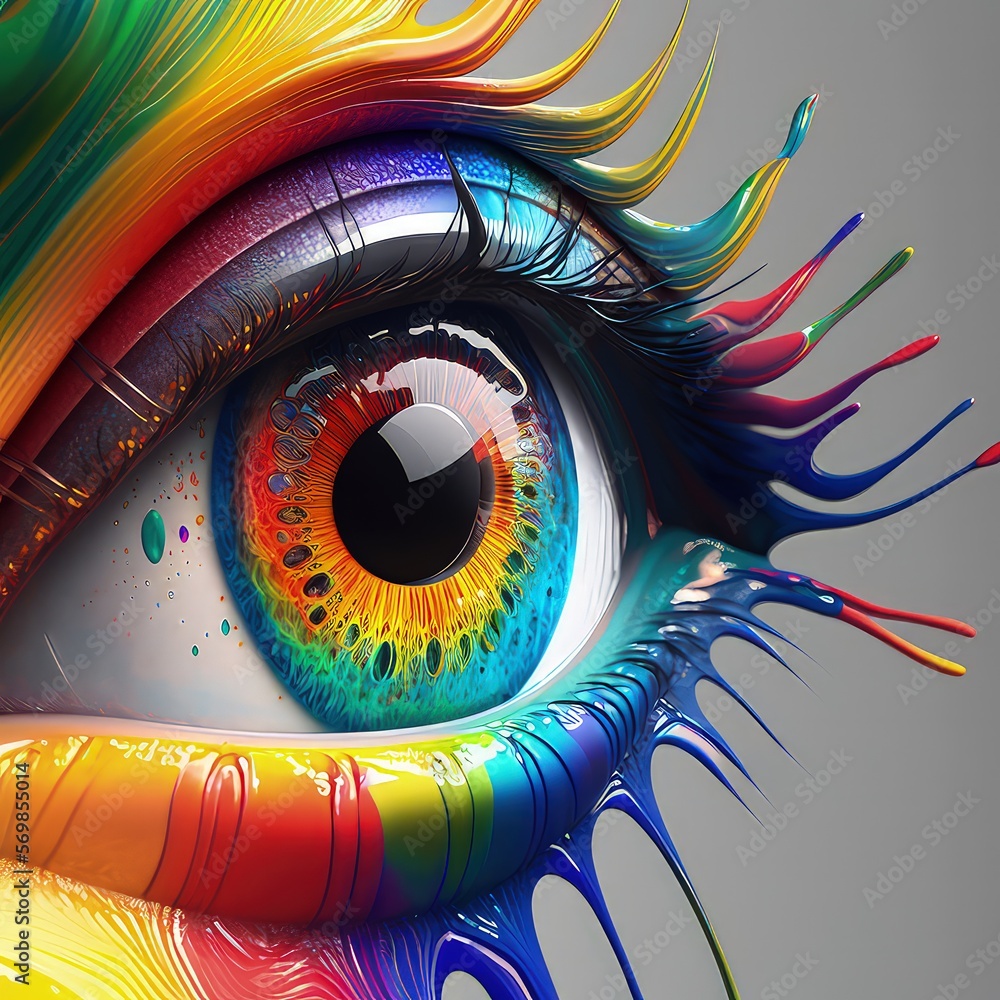 Human eye looking sideways. Colorful drawing, dark background ...