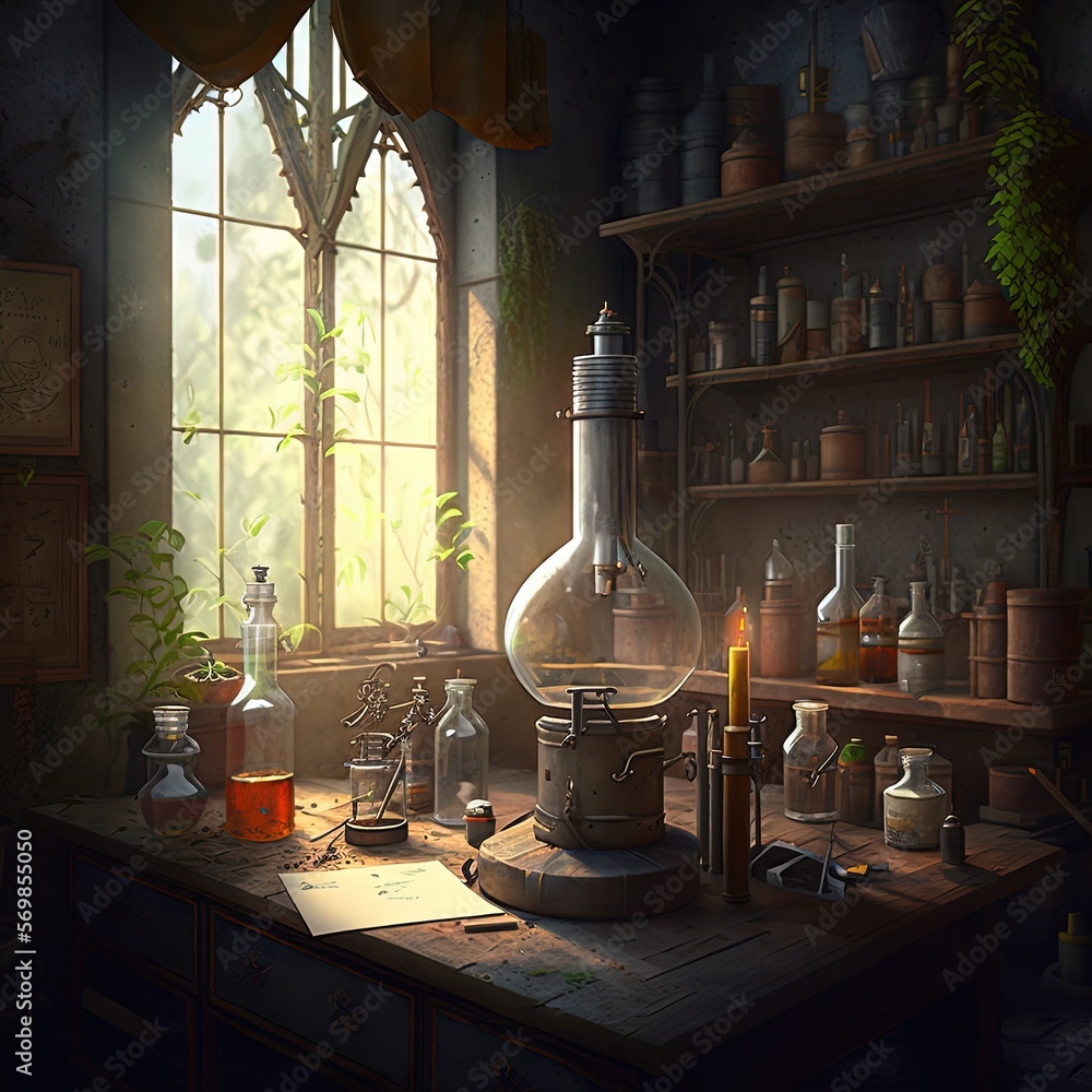 Ancient alchemy laboratory with stills and gas burner. Fantasy, vials ...