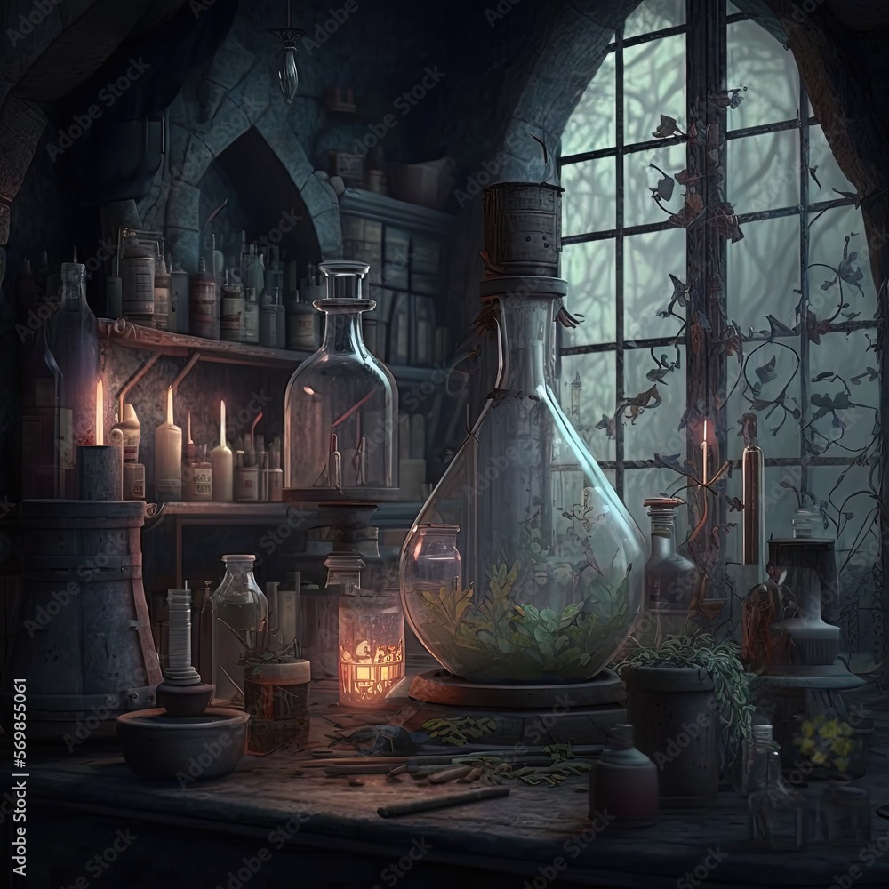 An ancient forgotten alchemy laboratory with stills and a gas burner ...