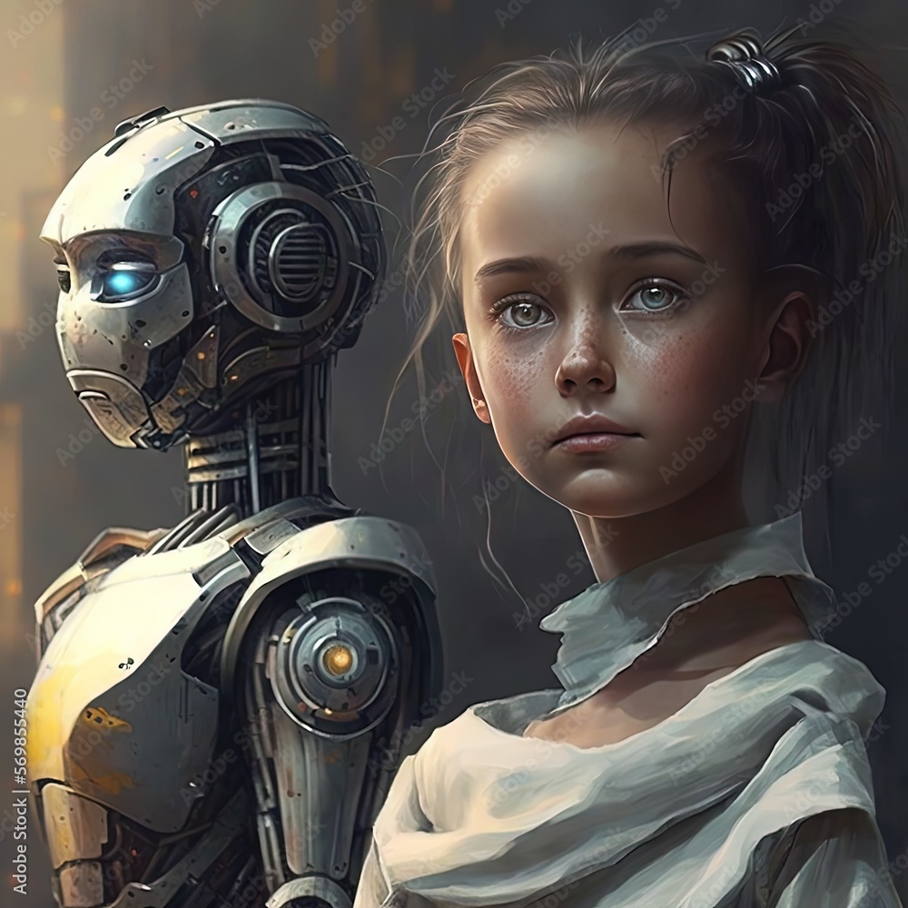 Little girl next to the robot on a blue background. Androids, future ...