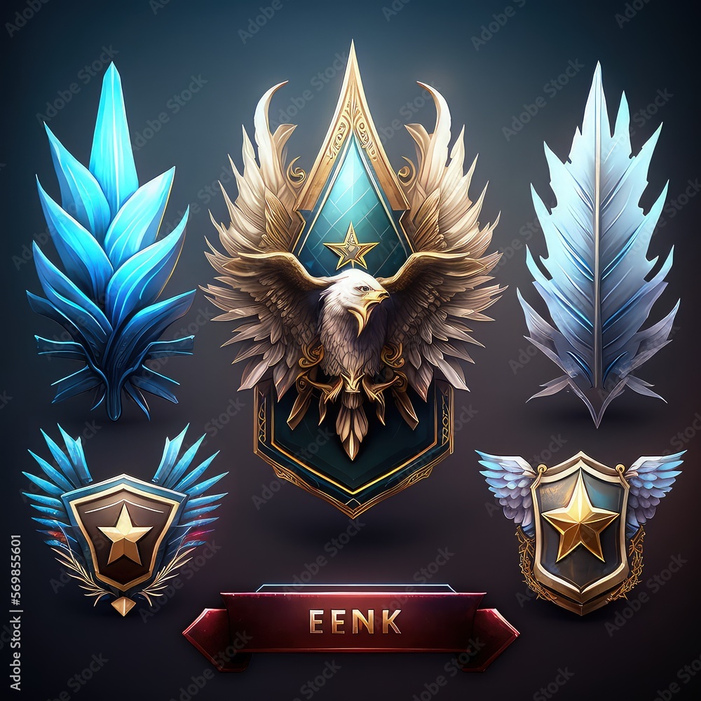 New rank icon set with eagle and ornament on blue background. Rank ...