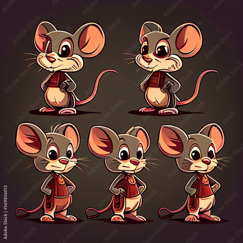 Set of icons of mouse in a suit on a gray background. Cute little ...