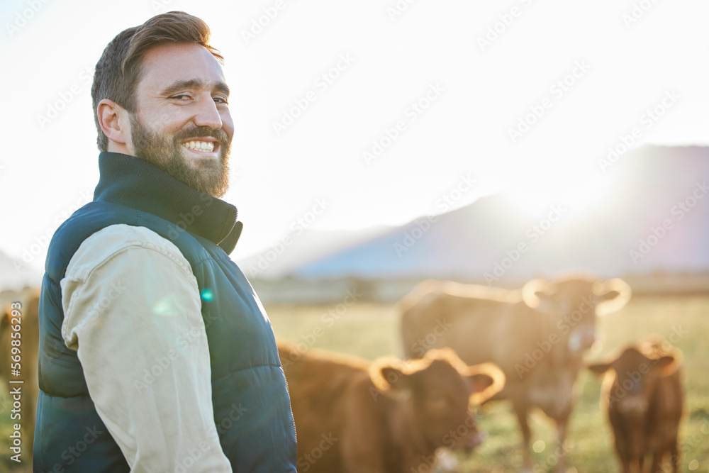 Sustainability, cows and portrait of farmer with smile on field, happy ...