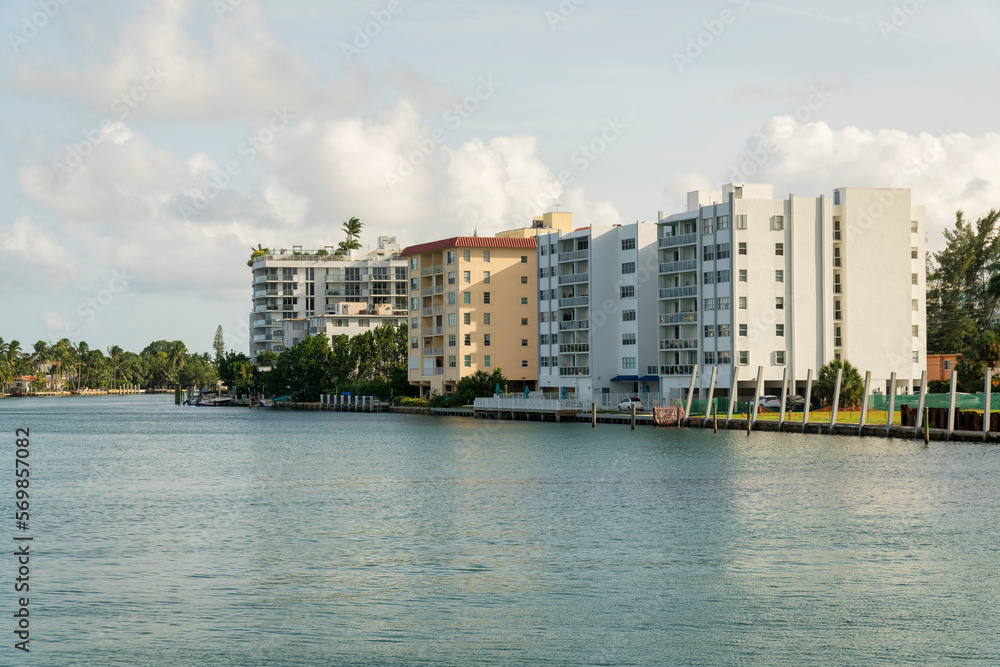 Row of multi-storey buildings with waterfront views balconies in Miami ...