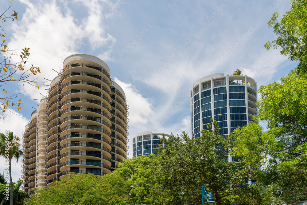 Street with and views of residential buildings at Miami, Florida. There ...