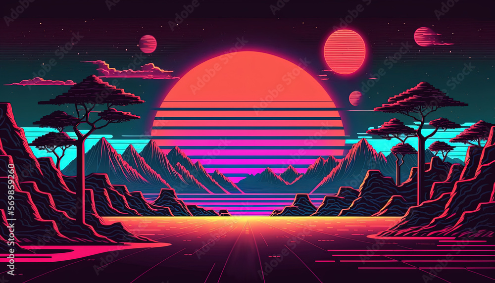 Generative AI, Retro style, nostalgic 80s, 90s. Night landscape, sunset ...