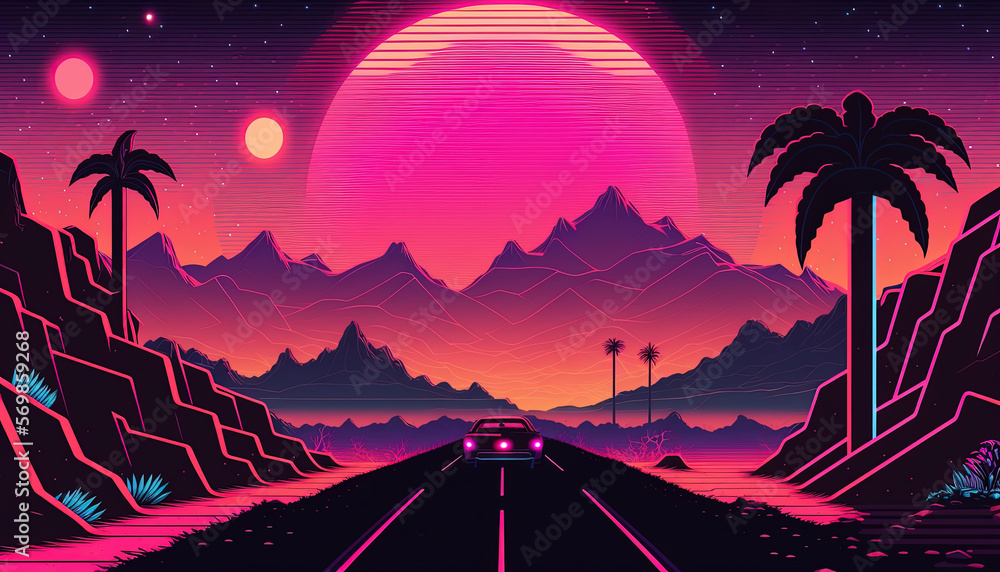 Generative AI, Retro style, nostalgic 80s, 90s. Night landscape, sunset ...