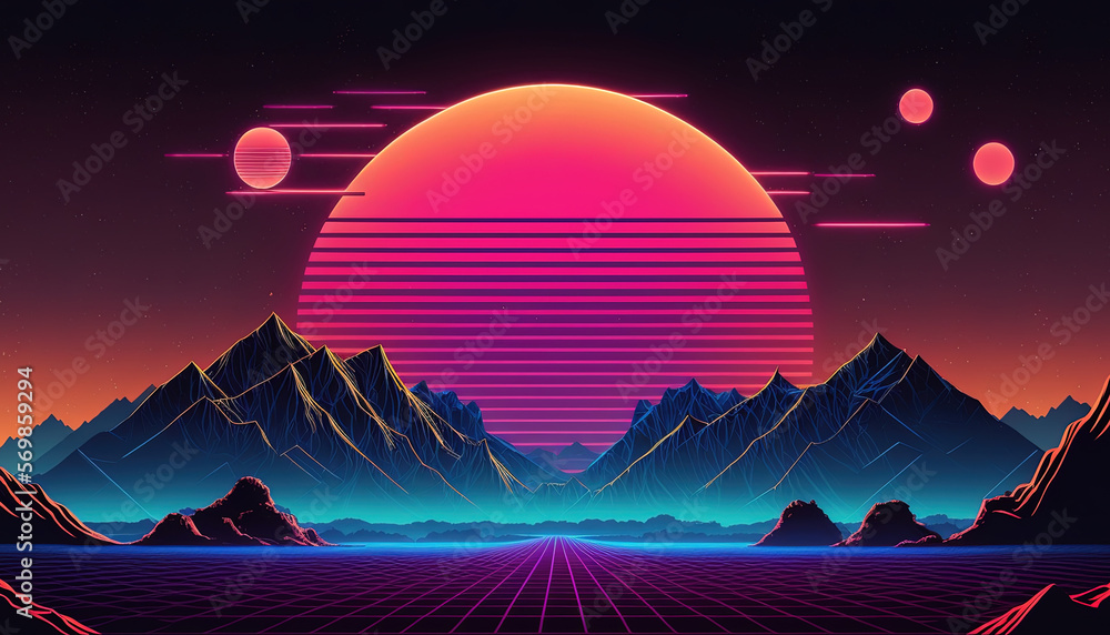 Generative AI, Retro style, nostalgic 80s, 90s. Night landscape, sunset ...
