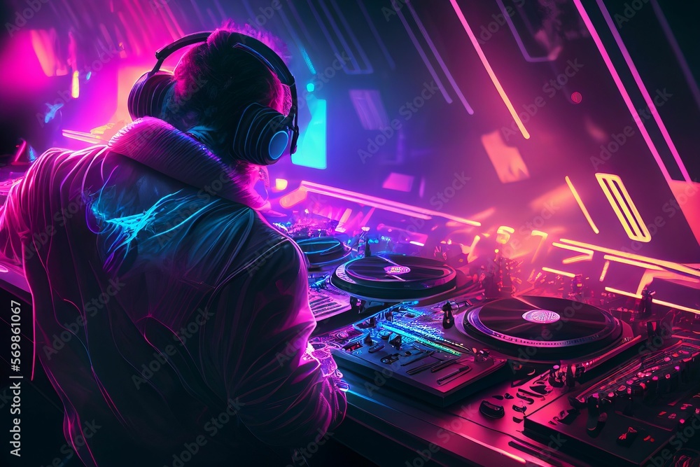 DJ player audio mixing electronic music in a nightclub party Created ...