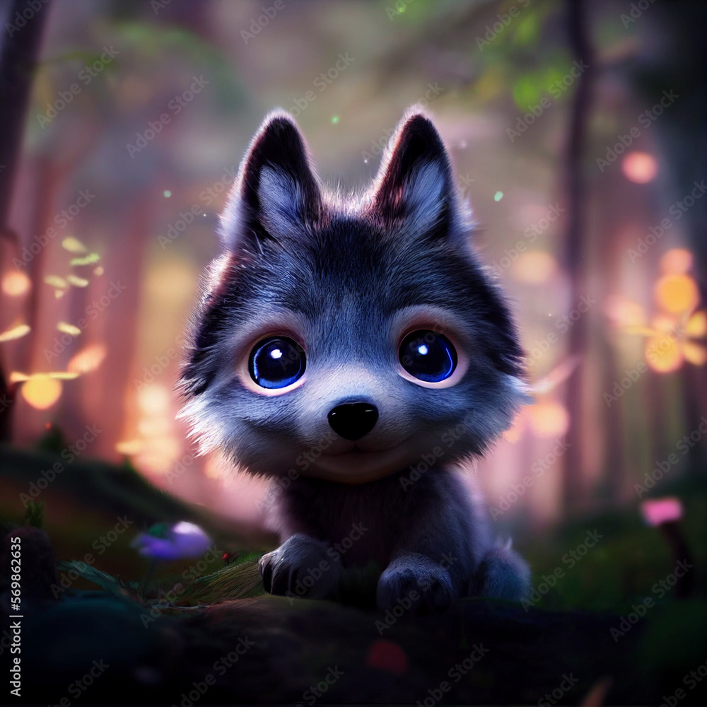 cute baby wolf in a magical forest pixar style big detail. Generative ...