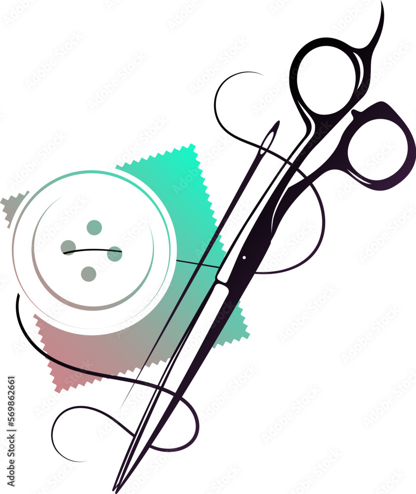 Needle and thread, scissors and a button. Design for sewing. Sewing ...