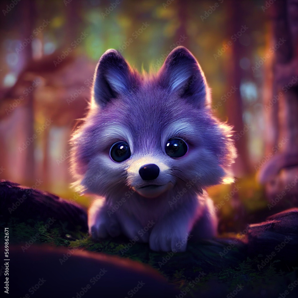 cute baby wolf in a magical forest pixar style big detail. Generative ...