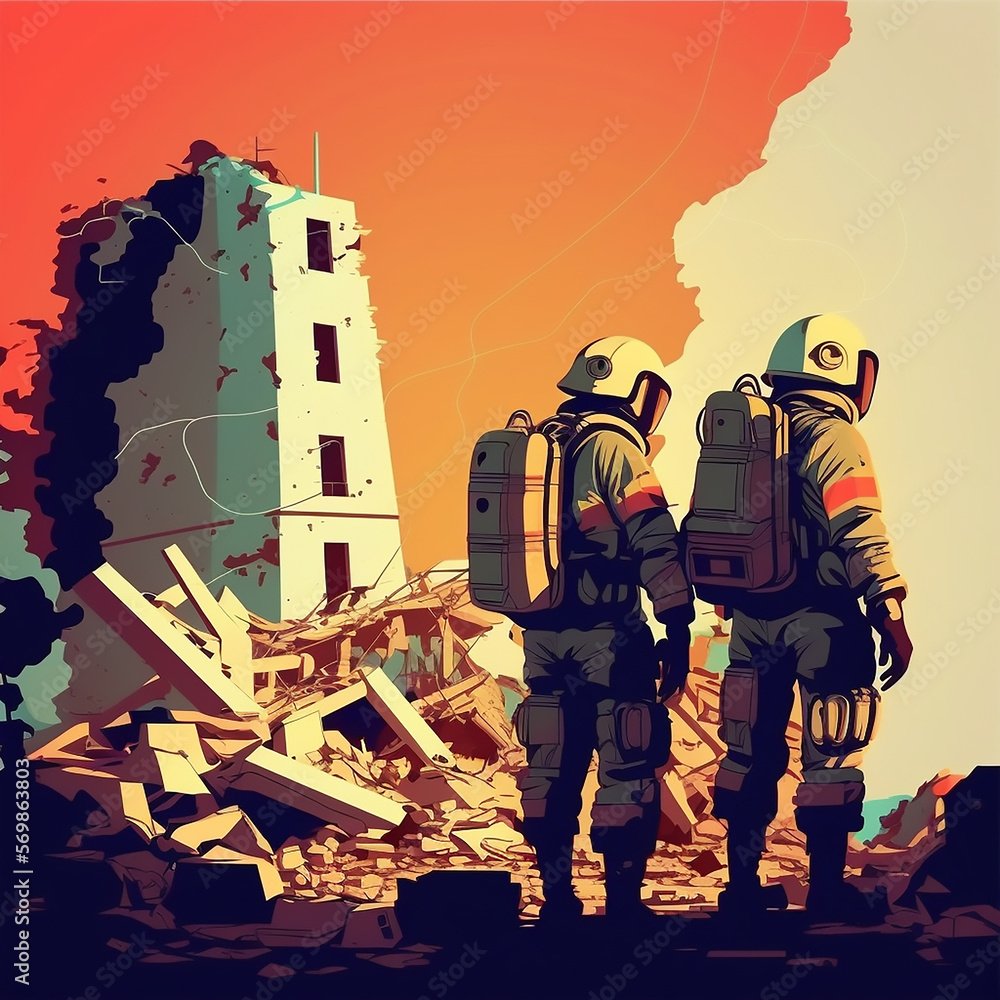 Equipos de rescate , buscando personas entre los escombros , bomberos ...