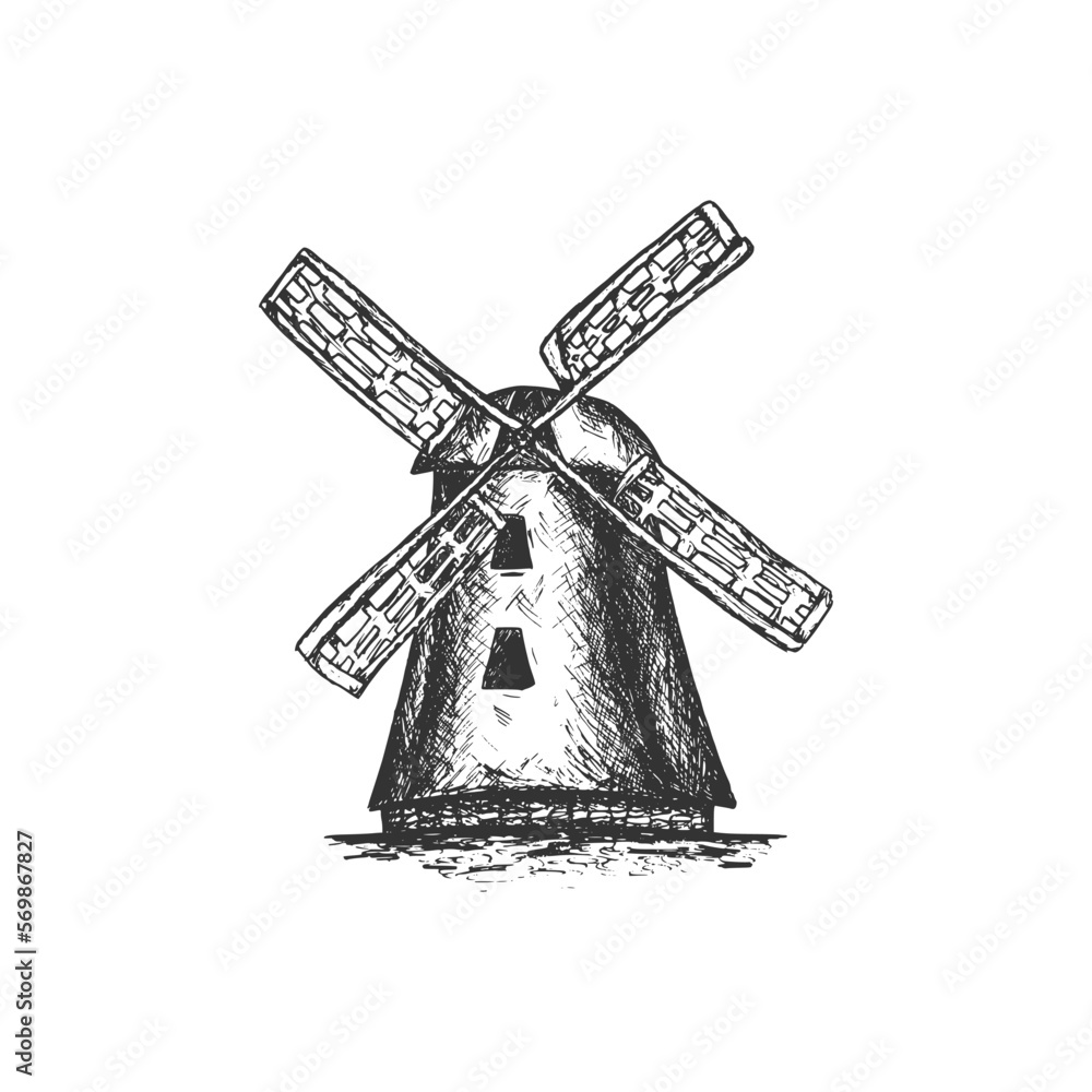 Windmill Sketch. Hand drawn vintage sketch isolated on white background ...