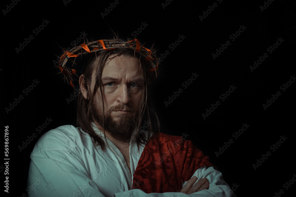 Jesus Christ wearing a crown of thorns and white chiton toga mantle ...