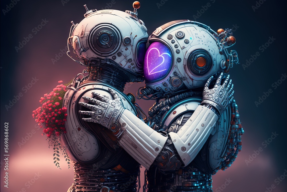 Cyberpunk art depicting a Valentine's Day embrace between two space ...