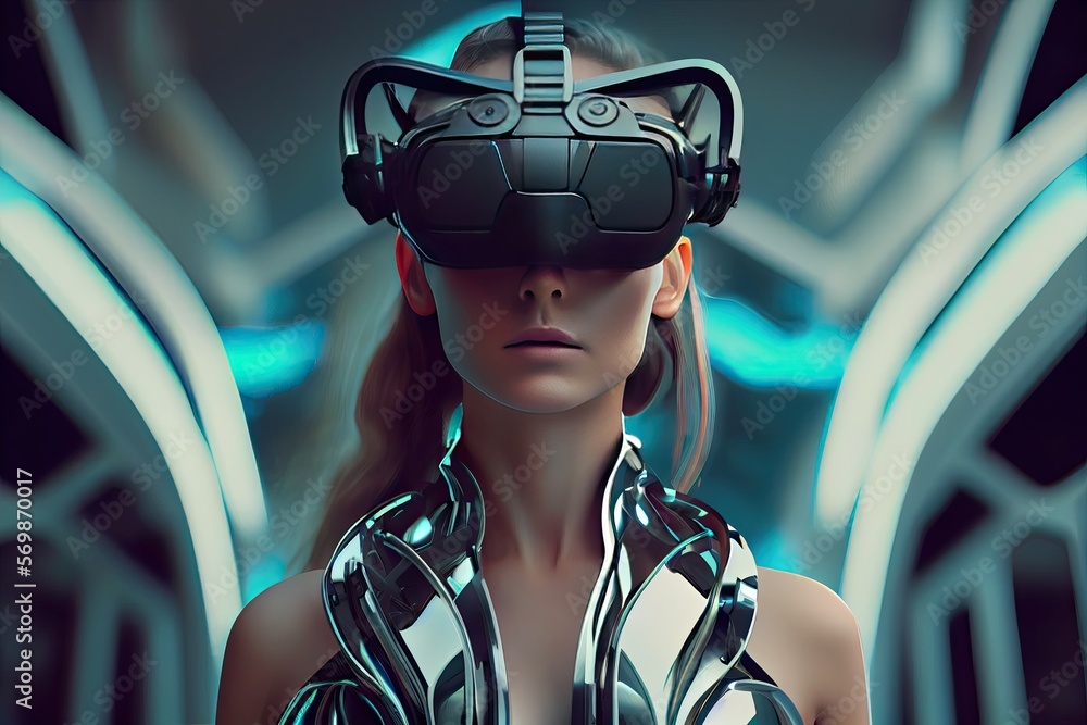 Female using VR, metaverse generative AI. Futuristic design Stock ...