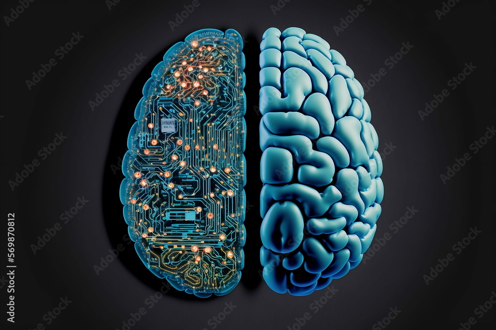 Duality of Thought: Half Organic Brain and Half Electronic Circuitry, Illustrating the Dichotomy ...