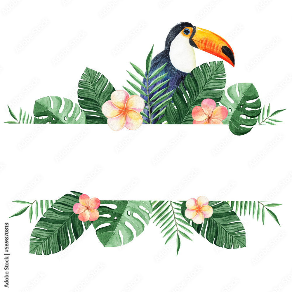 Watercolor tropical border with toucan isolated on white background ...