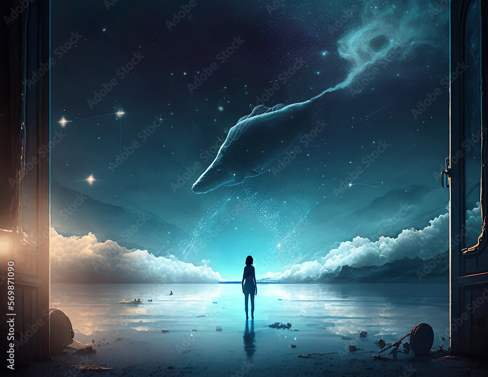 anime girl watching flying fish in the sky Stock Illustration | Adobe Stock