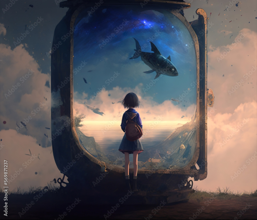 anime girl watching the flying fish in a jar Stock Illustration | Adobe ...