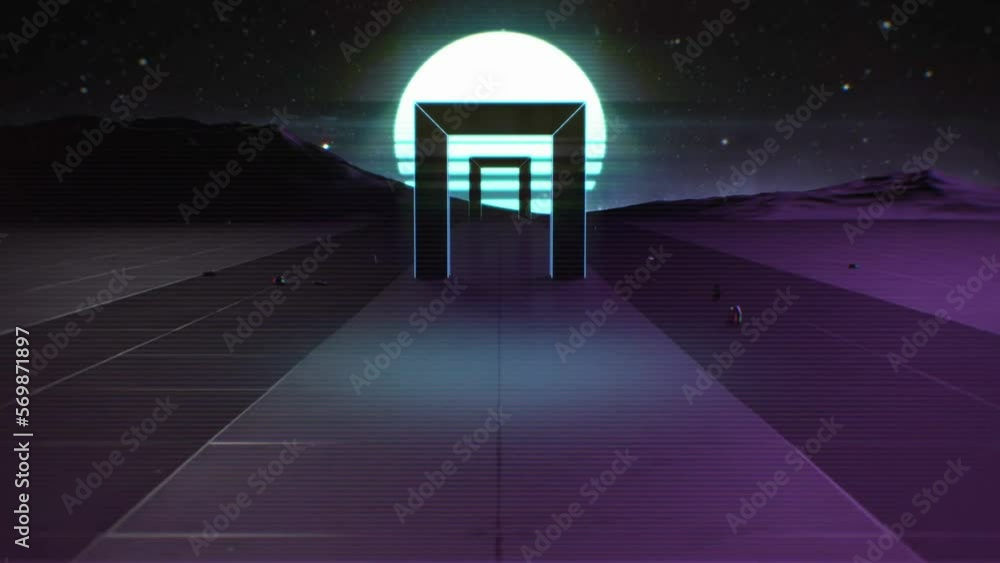 Retrowave skyline scene with neon lights and low poly territory. 80s ...