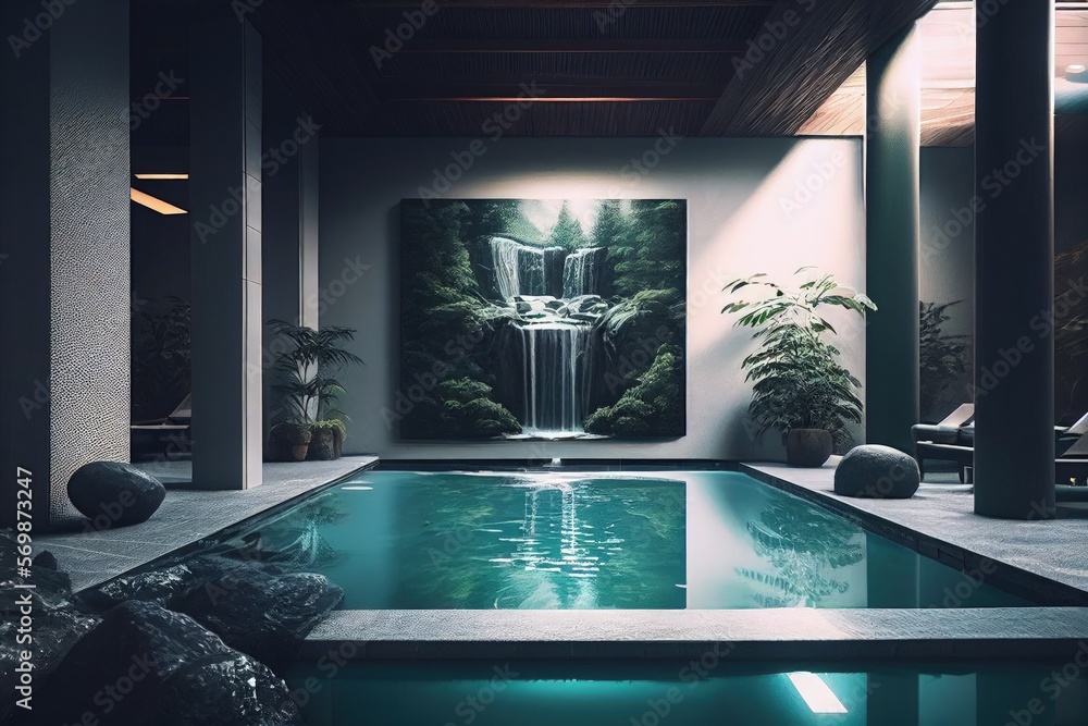Modern design indoor pool with painting waterfall in SPA at a luxury ...