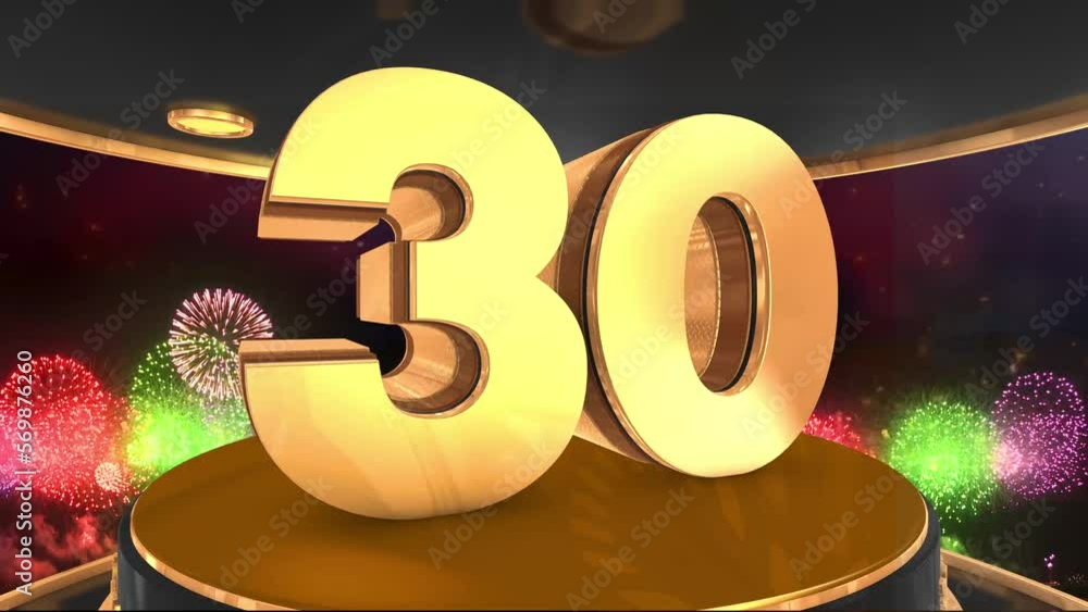30th anniversary animation in gold with fireworks background, Animated ...