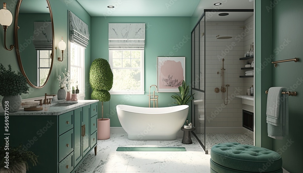 Luxurious spa-style bathroom with a relaxing color scheme, featuring a ...