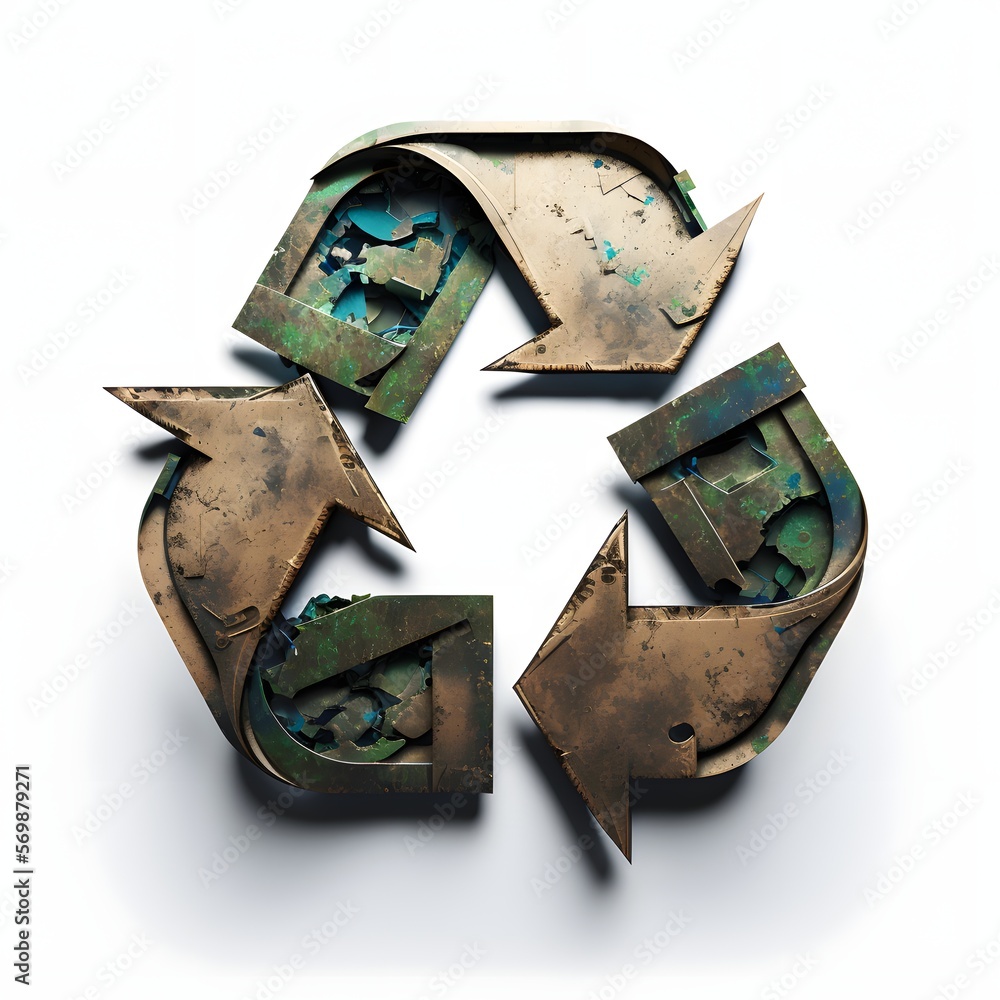 recycle symbol made of copper isolated on white background. with focus ...