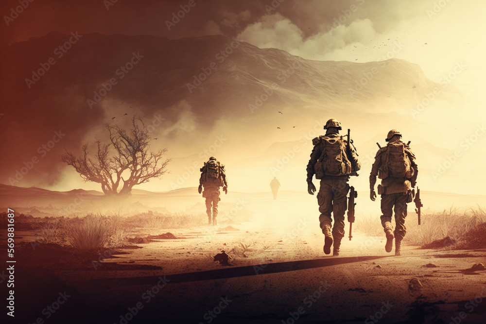 Soldiers Walking on the Battlefield. Illustration of the Army on the ...