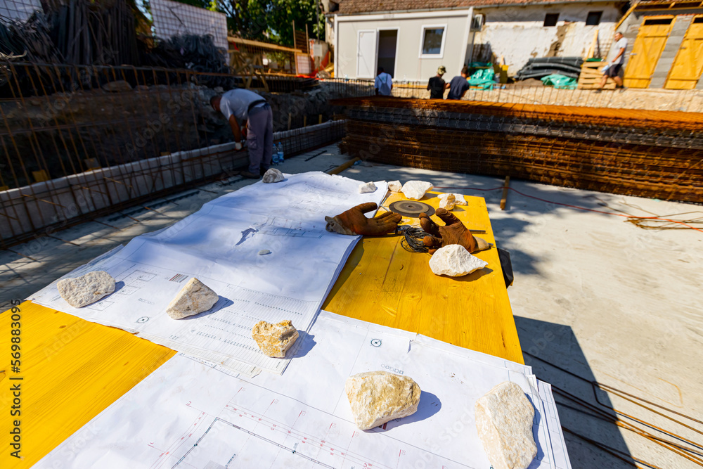 Drawings, paper layouts, plans, architectural blueprints at outdoor ...