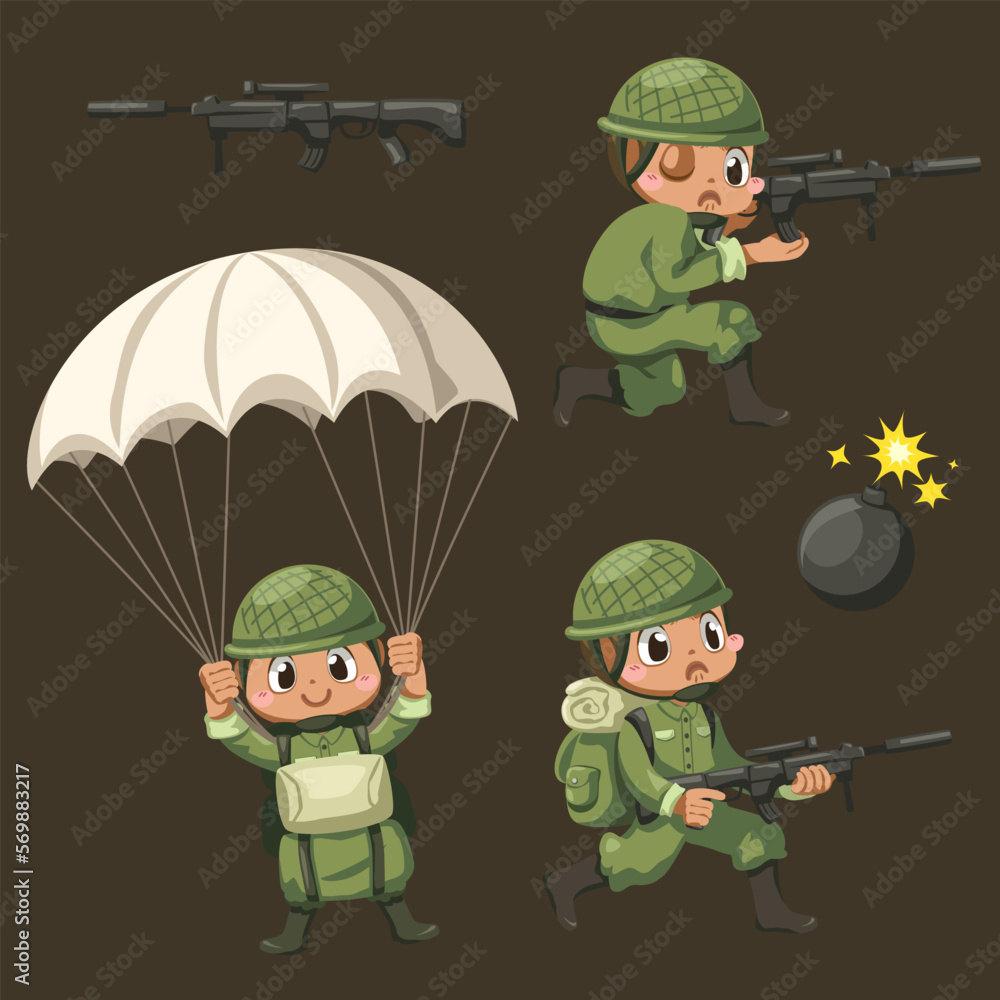 Set of man with Army soldiers uniform cartoon character vector Stock ...
