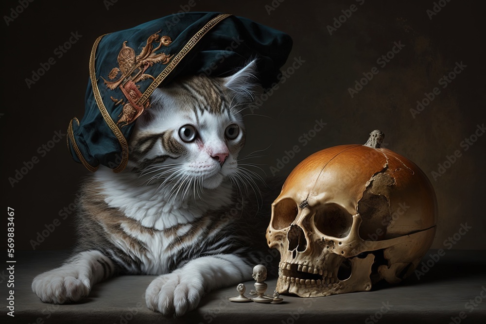 William Shakespeare cat with a skull to be or not to be illustration ...