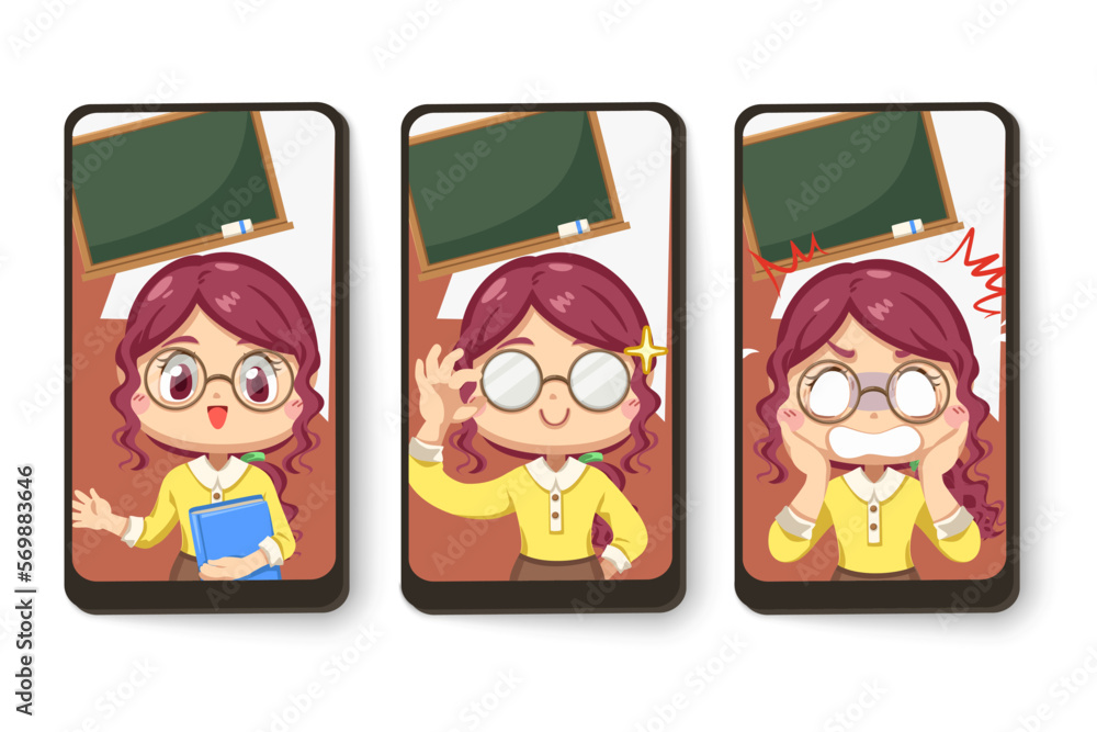Card emotion of female teacher in classroom in cartoon character Stock ...