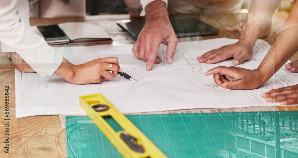 Hands, blueprint and architecture with a design team planning on a ...