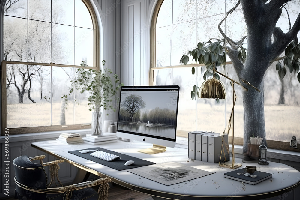 interior with desk, Luxury workspace, contemporary boho styling, gold ...