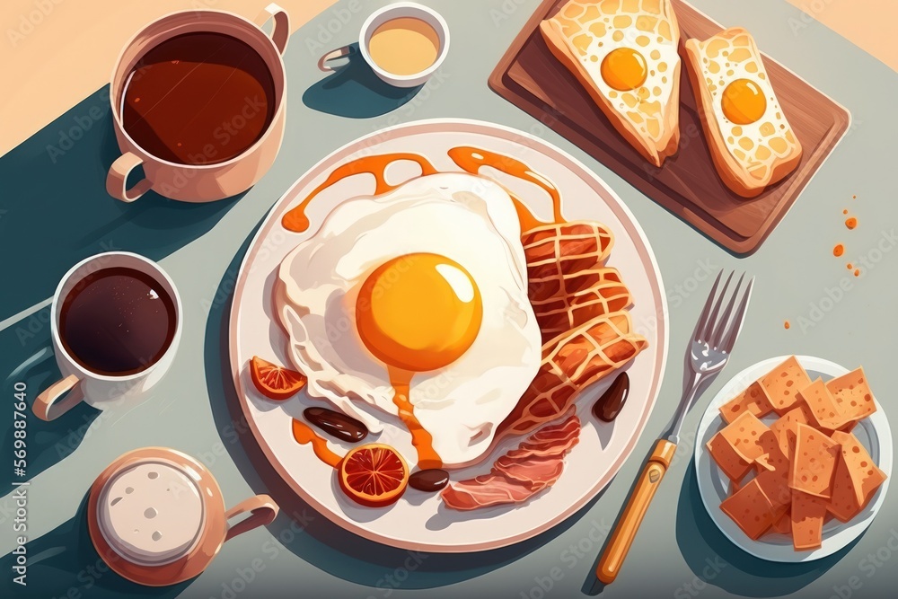 Full American Breakfast on white, top view, copy space. Sunny side ...