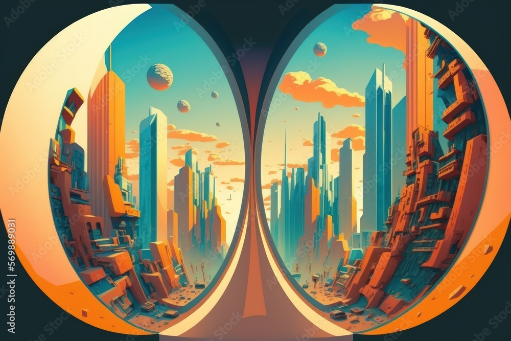 Futuristic multiverse world concept. Downtown with skyscrapers skyline ...