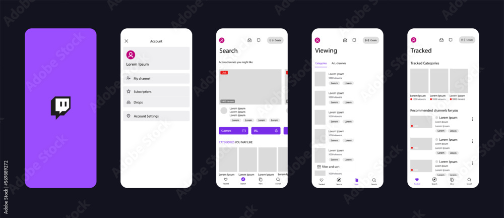 Twitch mobile interface. Twitch screen social media, streaming platform ...