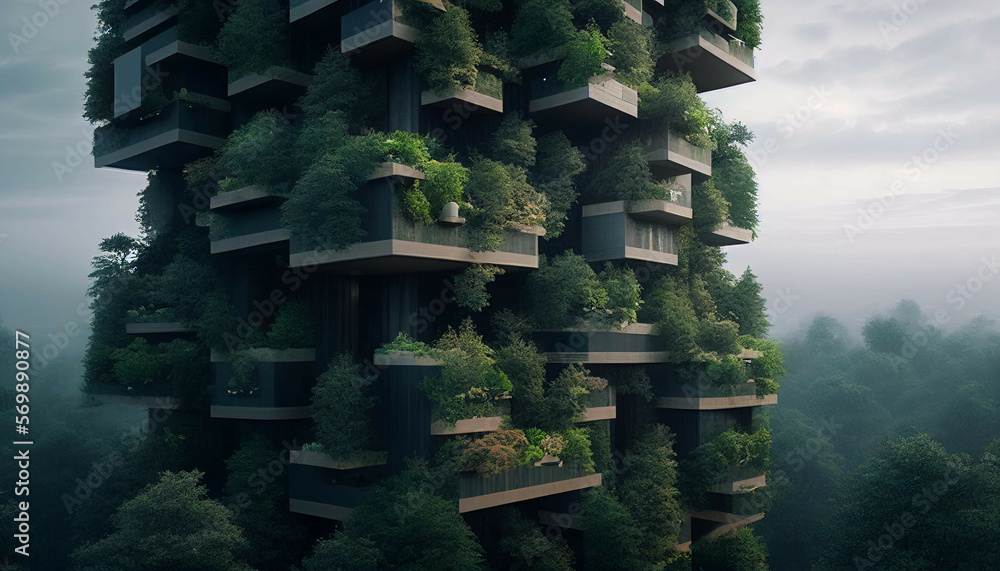 Biophilic architecture design with lush vegetation and greenery ...