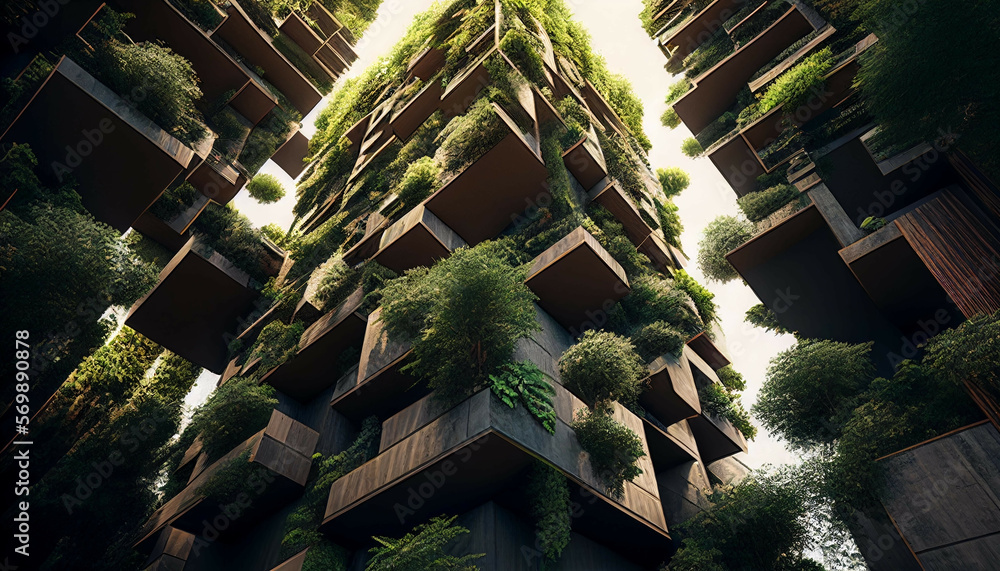 Biophilic architecture design with lush vegetation and greenery ...