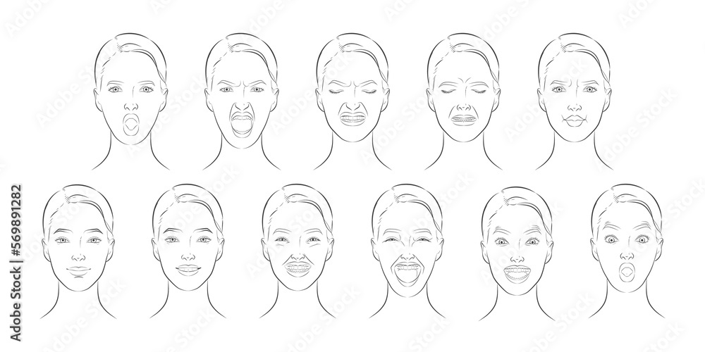 Faces expressions with different mood. Positive, negative feelings ...