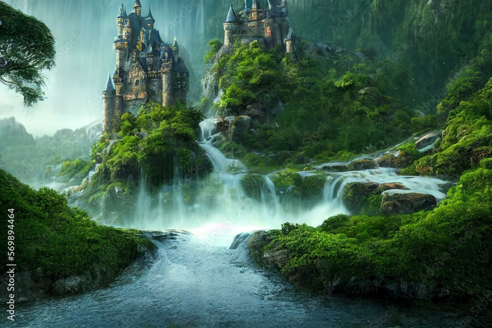 Beautiful digital art of fantasy fairy tale castle on waterfall with hills and mountain scenery ...
