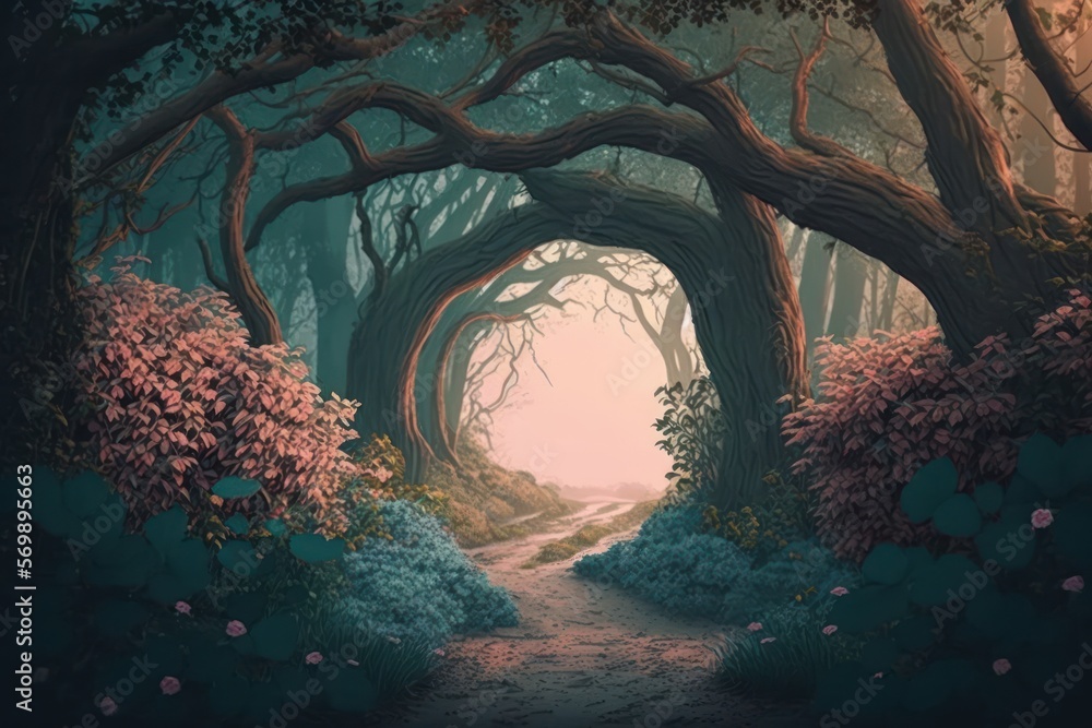 Fairytale forest at sunset soft pastel colors peaceful, generative AI ...