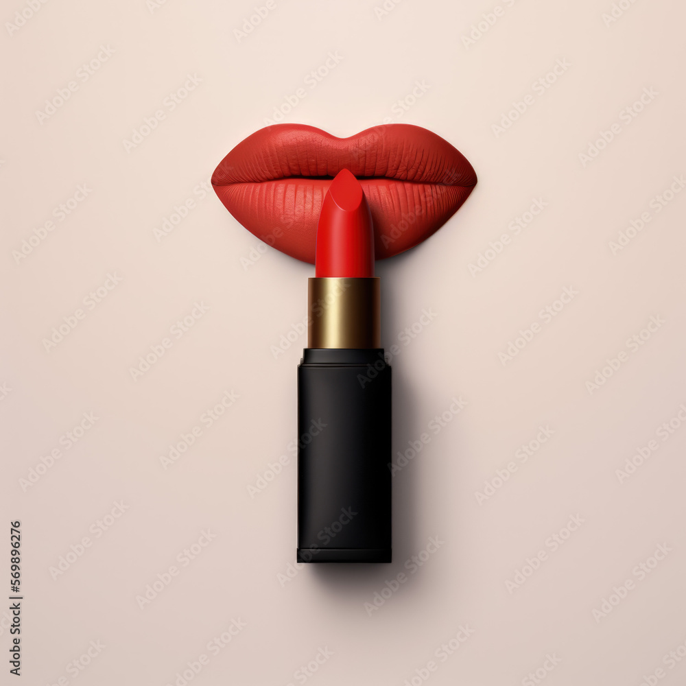 Red lipstick in front of lips. Shell pink background. Created using ...