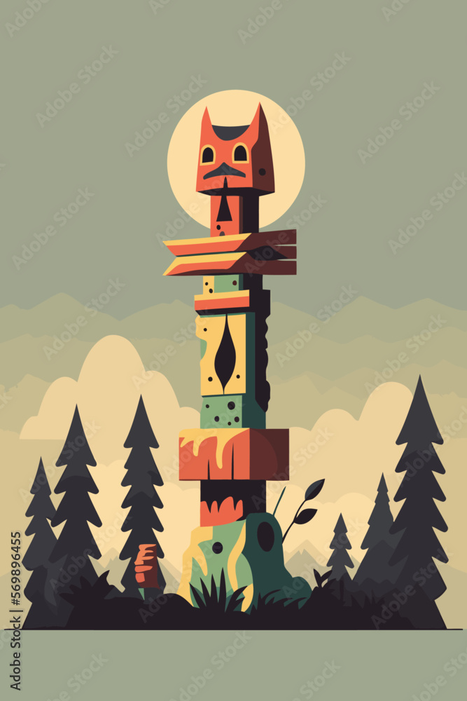Colored Indian Wooden totem pole with tiki mask and eagle. Vector ...